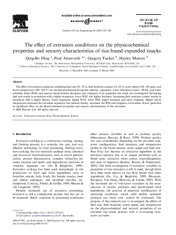 (PDF) The Effect of Extrusion Conditions on the Physicochemical Properties and Sensory ...