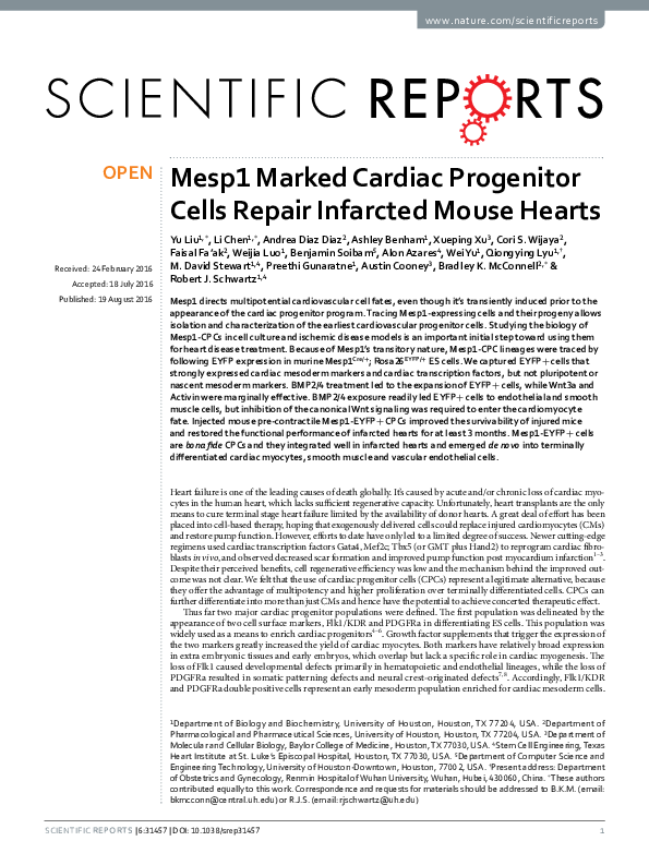 (PDF) Mesp1 Marked Cardiac Progenitor Cells Repair Infarcted Mouse Hearts