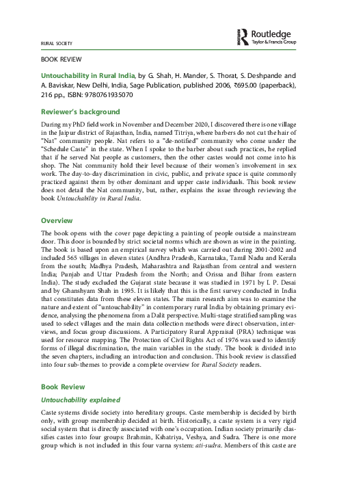 (PDF) Book Review: Untouchability in Rural India,