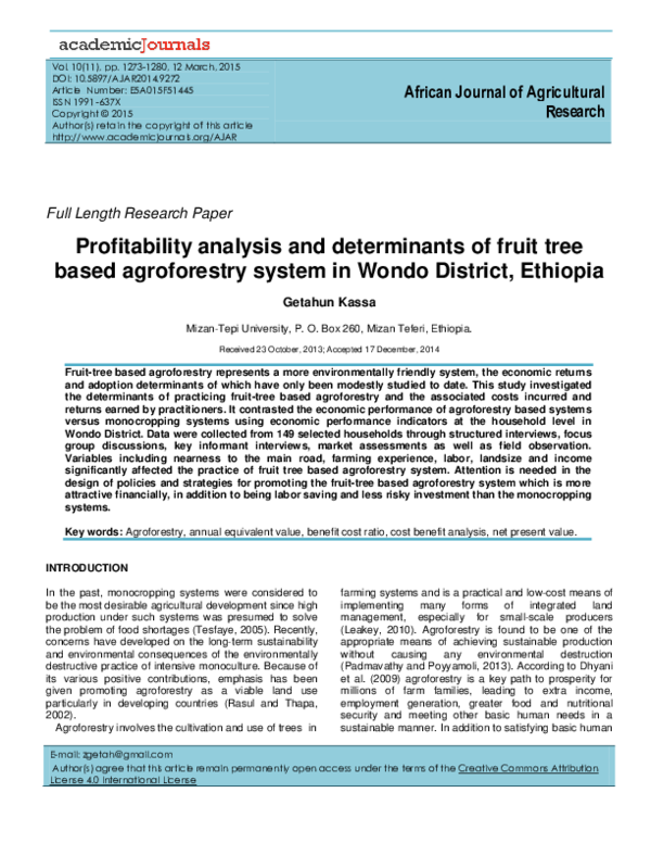 (PDF) Profitability analysis and determinants of fruit tree based agroforestry system in Wondo ...