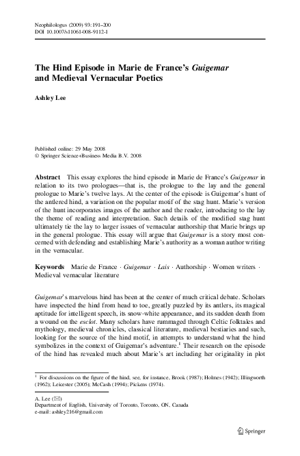 (PDF) The Hind Episode In Marie De France's Guigemar and Medieval ...