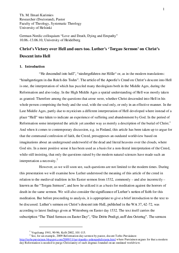 (PDF) Christ's Victory over Hell and ours too. Luther's 'Torgau Sermon ...