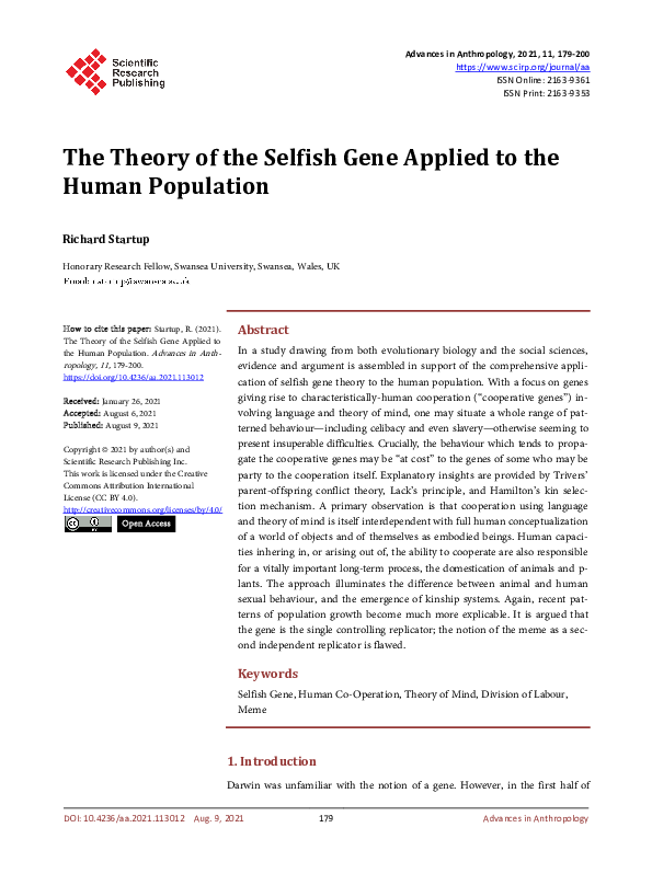 (PDF) The Theory of the Selfish Gene Applied to the Human Population