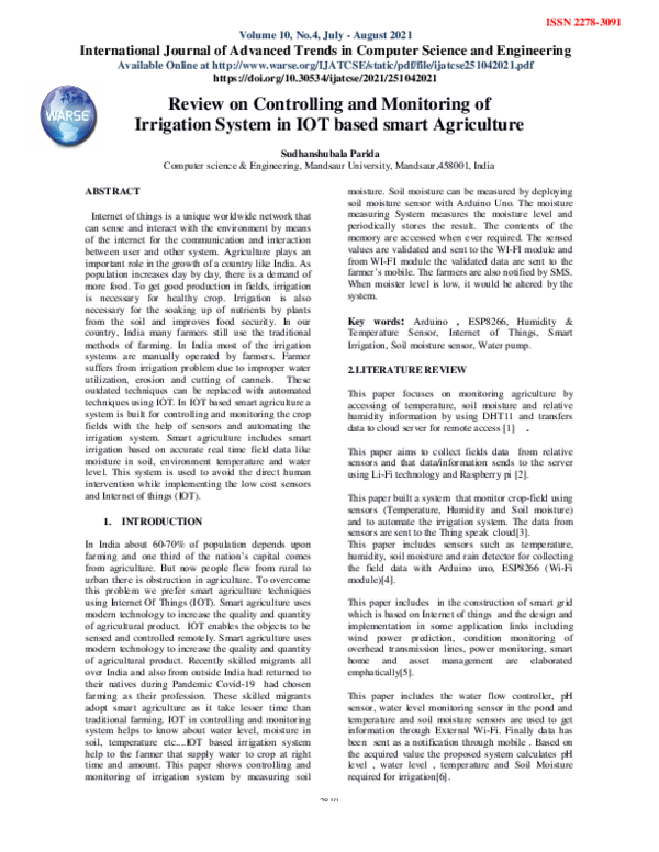 (PDF) Review on Controlling and Monitoring of Irrigation System in IOT based smart Agriculture