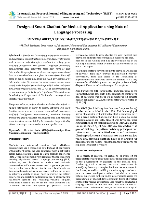 (PDF) IRJET- Design of Smart Chatbot for Medical Application using ...