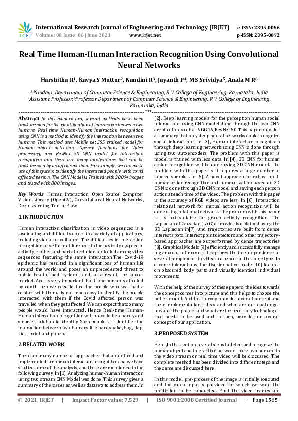 Pdf Real Time Human Human Interaction Recognition Using Convolutional