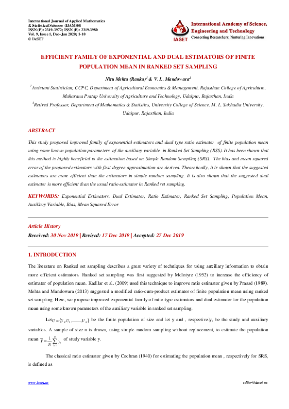 (PDF) EFFICIENT FAMILY OF EXPONENTIAL AND DUAL ESTIMATORS OF FINITE POPULATION MEAN IN RANKED ...