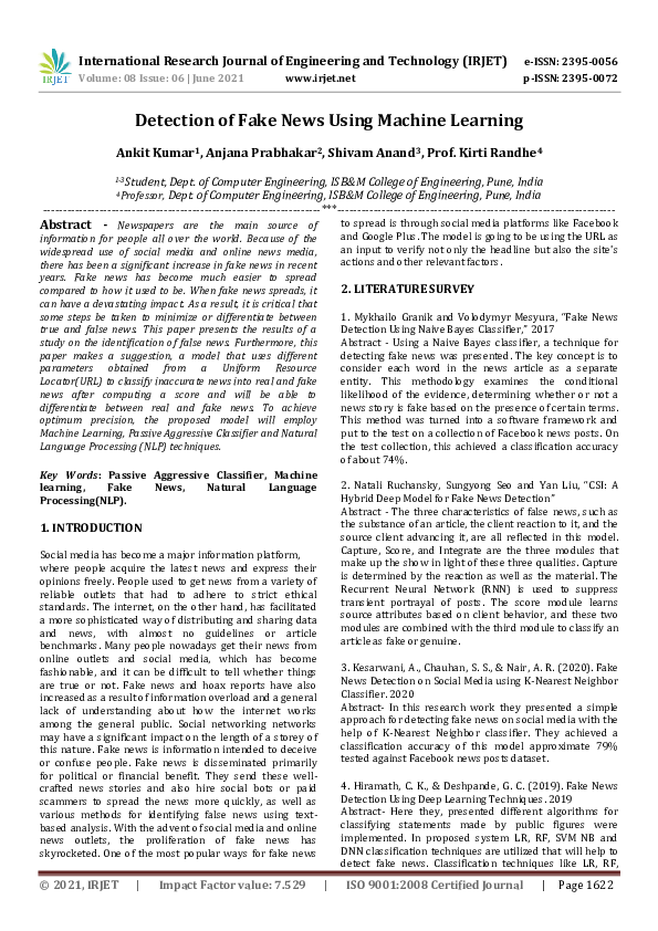 (PDF) Detection of Fake News Using Machine Learning