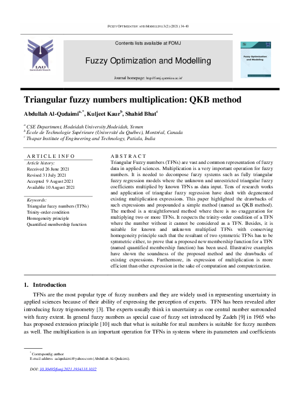 Pdf Triangular Fuzzy Numbers Multiplication Qkb Method