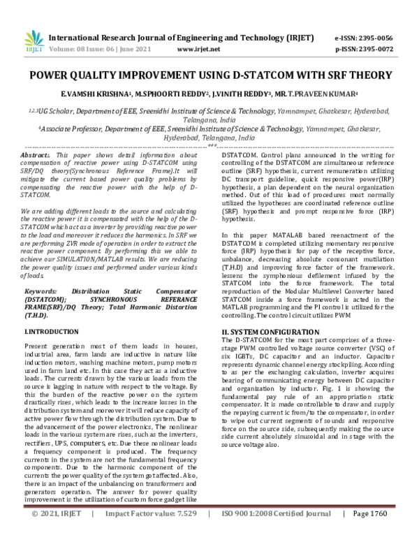 Pdf Irjet Power Quality Improvement Using D Statcom With Srf Theory 1765