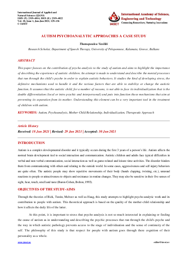 (PDF) AUTISM PSYCHOANALYTIC APPROACHES A CASE STUDY