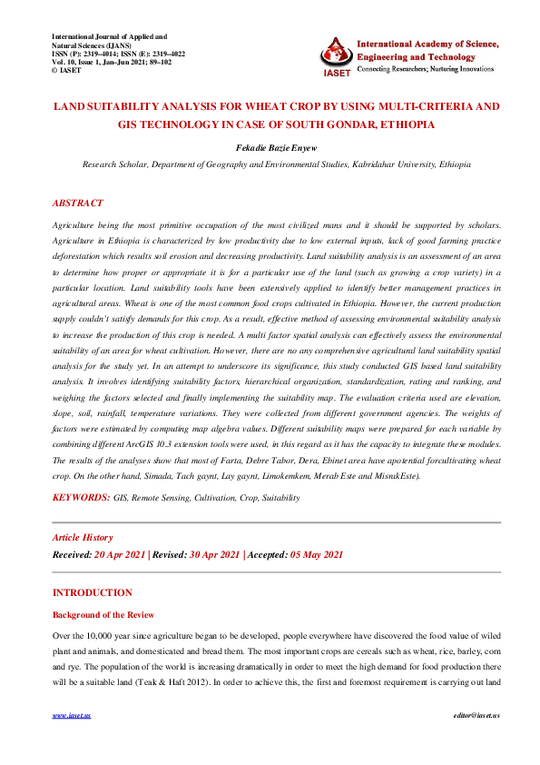 Pdf Land Suitability Analysis For Wheat Crop By Using Multi Criteria And Gis Technology In