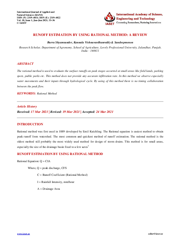 (PDF) RUNOFF ESTIMATION BY USING RATIONAL METHOD: A REVIEW (PDF) RUNOFF ESTIMATION BY USING RATIONAL METHOD: A REVIEW