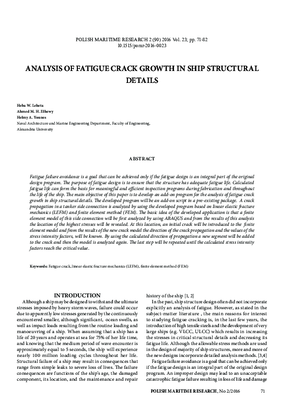 (PDF) Analysis of Fatigue Crack Growth in Ship Structural Details