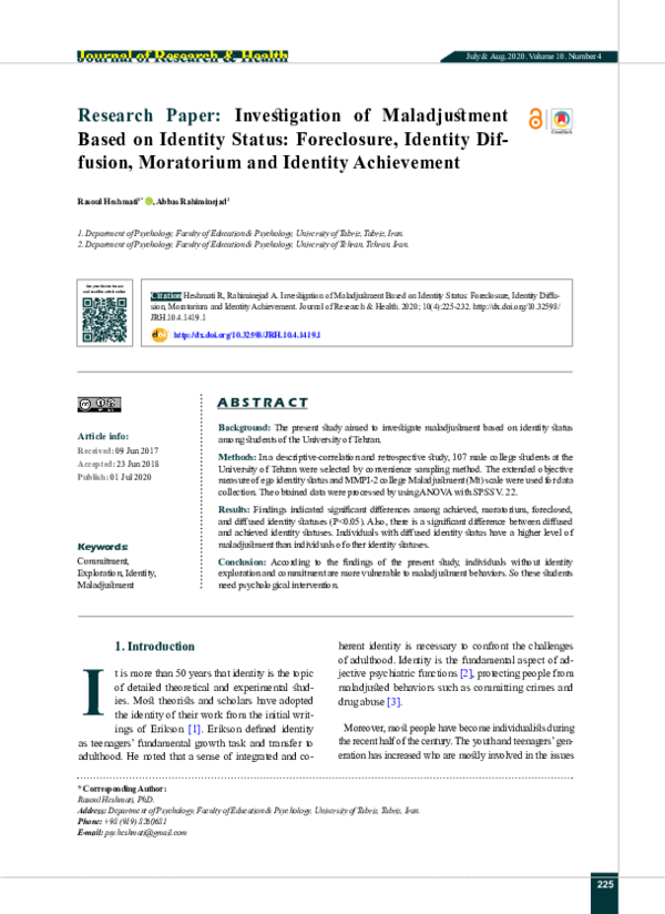 (PDF) Research Paper: Investigation of Maladjustment Based on Identity ...