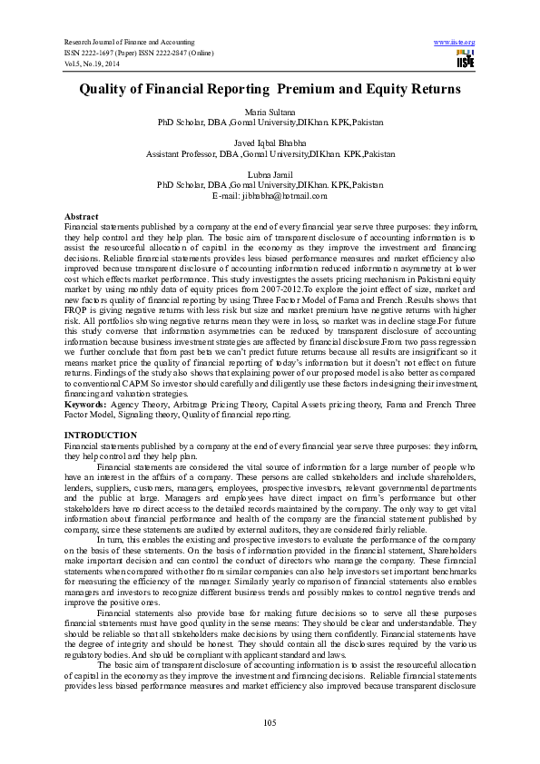 (PDF) Quality of Financial Reporting Premium and Equity Returns