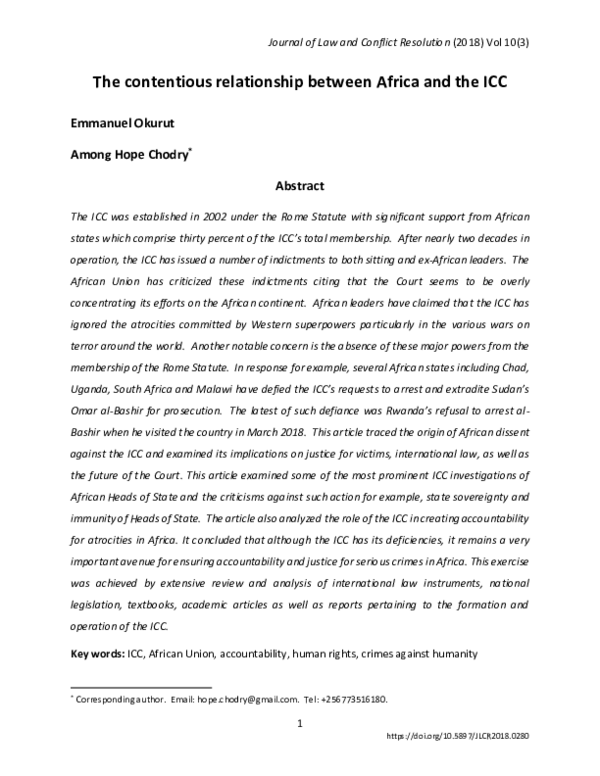 (PDF) The contentious relationship between Africa and the ICC