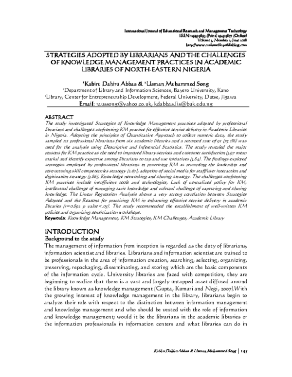 (PDF) Strategies Adopted By Librarians and the Challenges of Knowledge Management Practices in ...