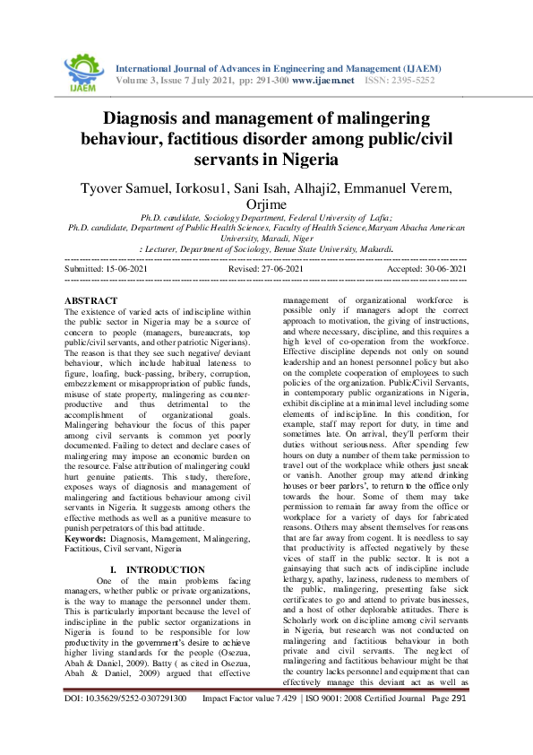 (PDF) Diagnosis and management of malingering behaviour, factitious ...