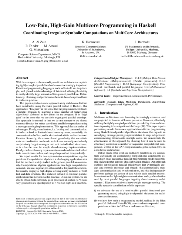 (PDF) Low-pain, high-gain multicore programming in Haskell: coordinating irregular symbolic ...