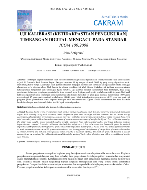 Pdf Uji Kalibrasi Ketidakpastian Pengukuran Timbangan Digital Mengacu Pada Standar Jcgm 100 2008
