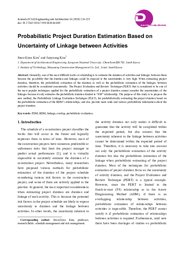 (PDF) Probabilistic Project Duration Estimation Based on Uncertainty of ...