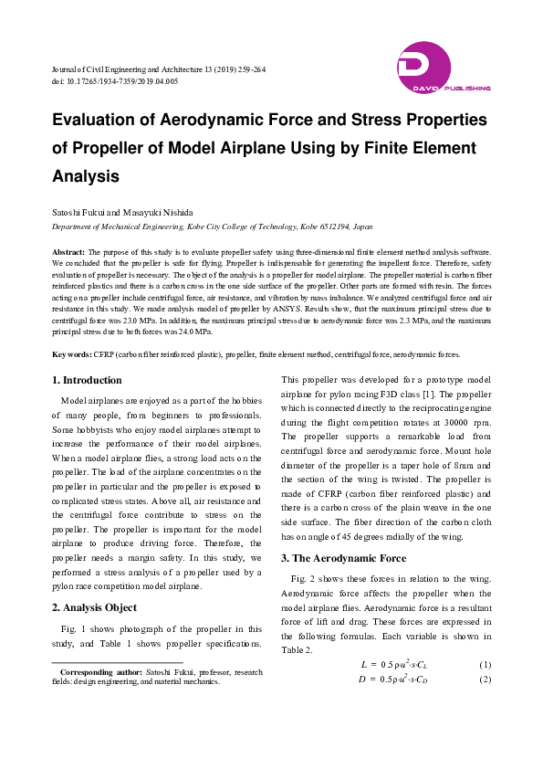 (PDF) Evaluation of Aerodynamic Force and Stress Properties of Propeller of Model Airplane Using ...