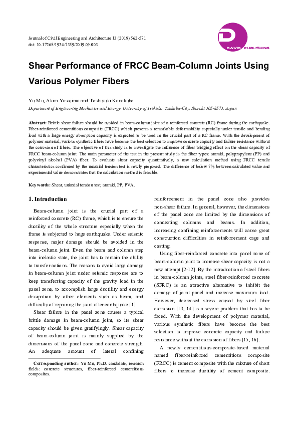 (PDF) Shear Performance of FRCC Beam-Column Joints Using Various Polymer Fibers