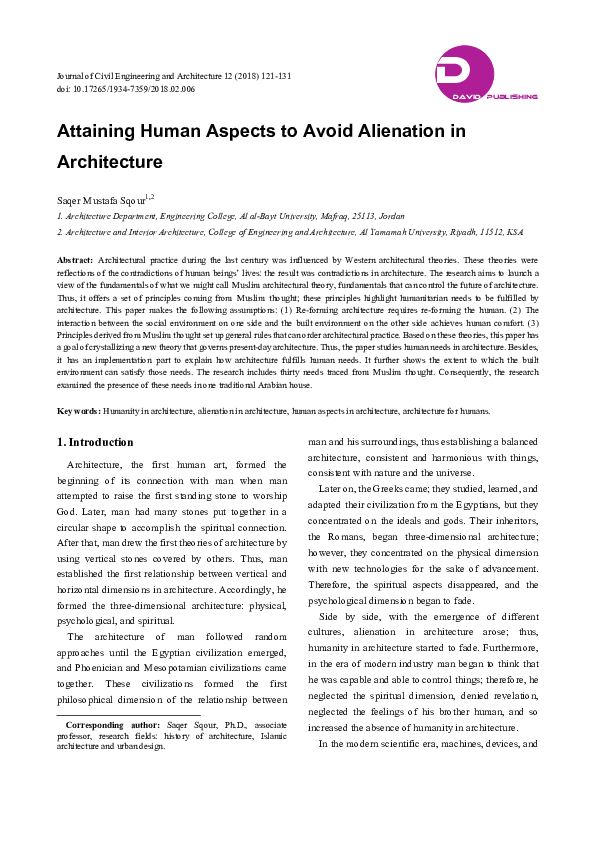 (PDF) Attaining Human Aspects to Avoid Alienation in Architecture
