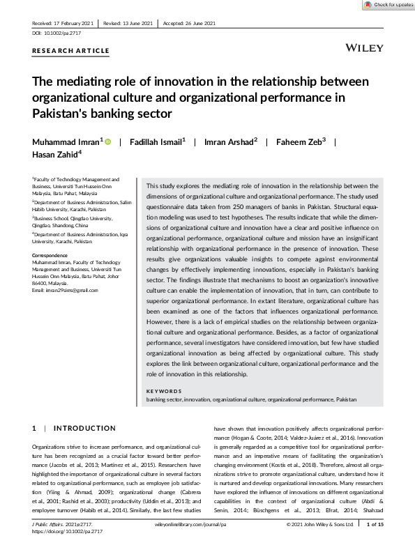 (PDF) The mediating role of innovation in the relationship between organizational culture and ...