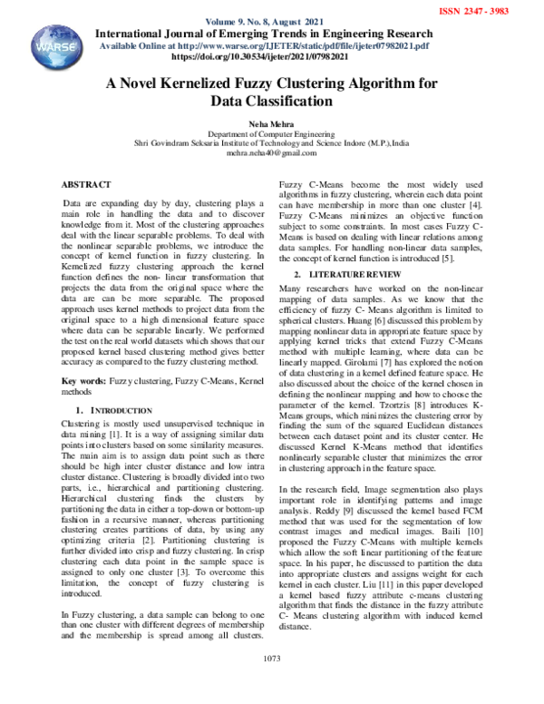 Pdf A Novel Kernelized Fuzzy Clustering Algorithm For Data Classification