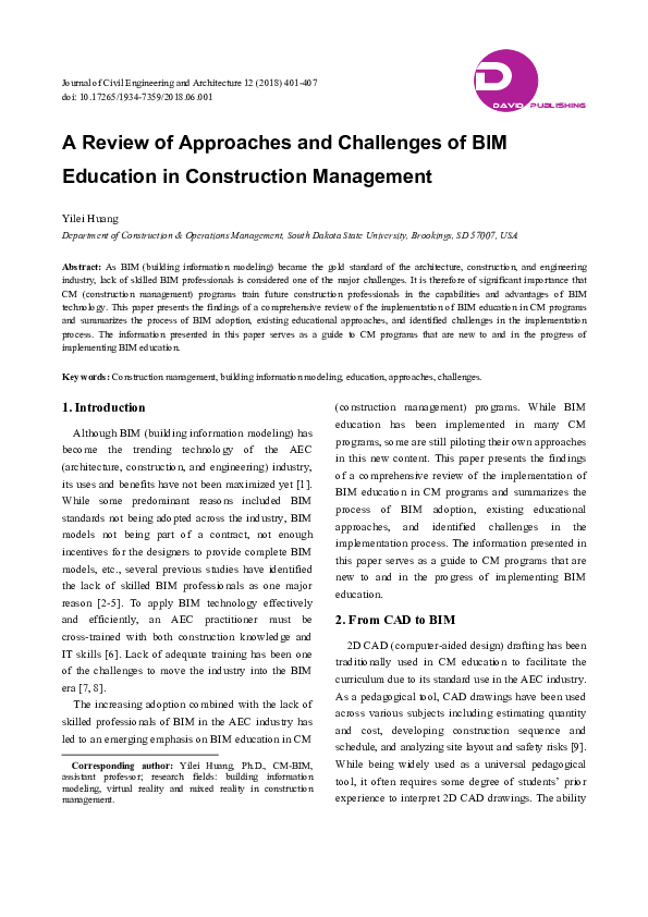(PDF) A Review of Approaches and Challenges of BIM Education in ...