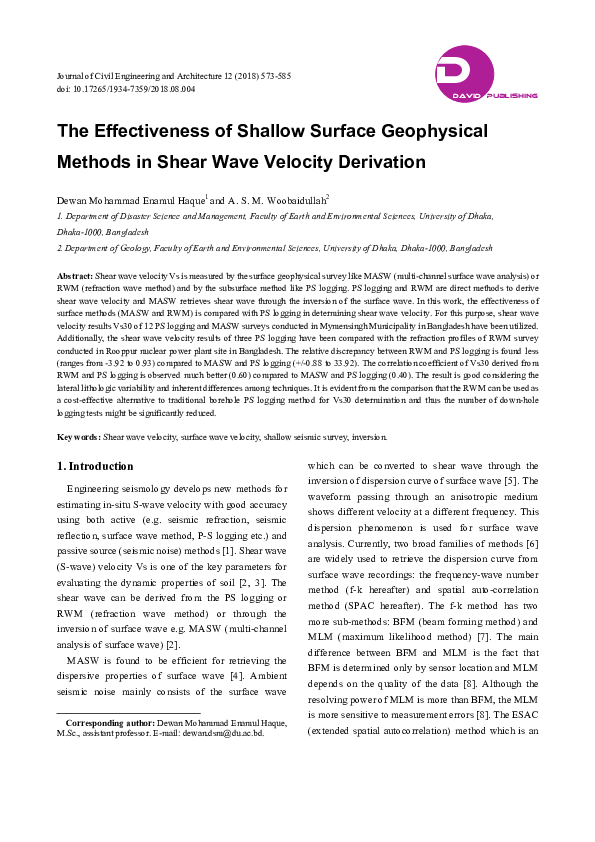(PDF) The Effectiveness of Shallow Surface Geophysical Methods in Shear Wave Velocity Derivation