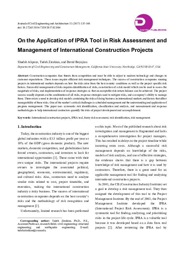 (PDF) On the Application of IPRA Tool in Risk Assessment and Management ...