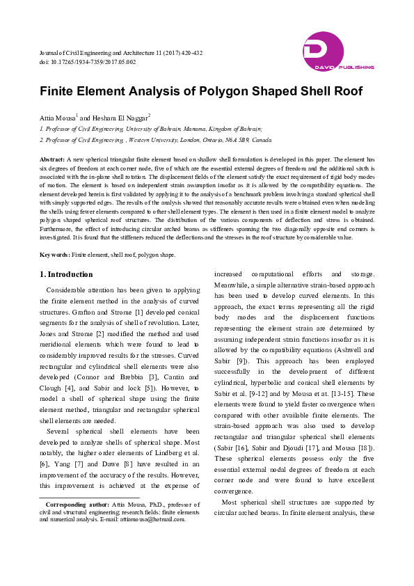 (PDF) Finite Element Analysis of Polygon Shaped Shell Roof
