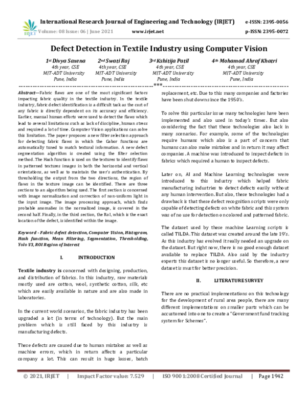 Pdf Irjet Defect Detection In Textile Industry Using Computer Vision