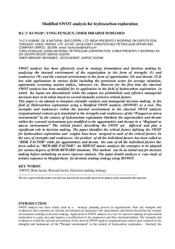 (PDF) Modified SWOT analysis for hydrocarbon exploration