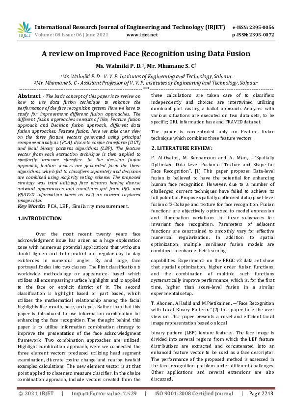 (PDF) IRJET- A review on Improved Face Recognition using Data Fusion