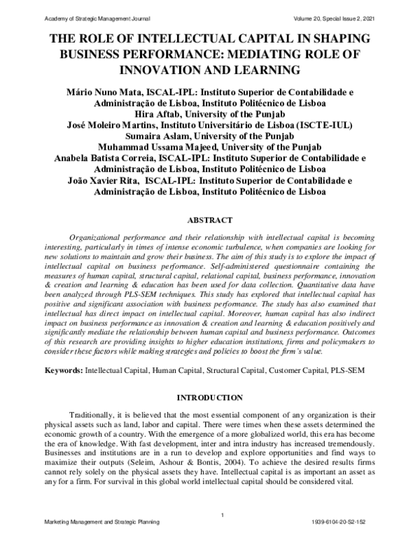 (PDF) THE ROLE OF INTELLECTUAL CAPITAL IN SHAPING BUSINESS PERFORMANCE: MEDIATING ROLE OF ...