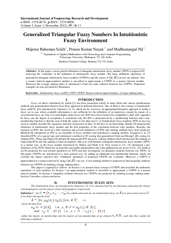 (PDF) Generalized Triangular Fuzzy Numbers In Intuitionistic Fuzzy Environment