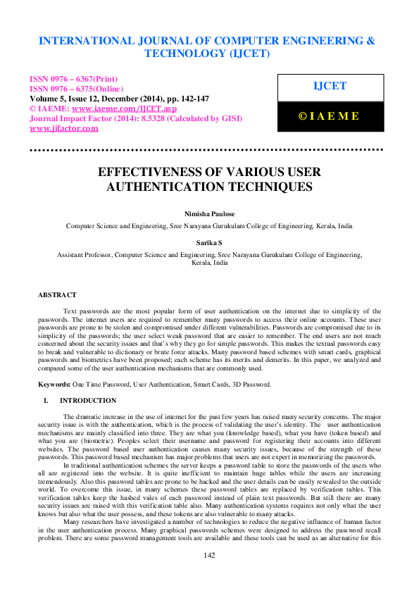 Pdf Effectiveness Of Various User Authentication Techniques