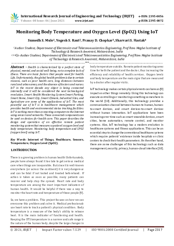 (PDF) IRJET- Monitoring Body Temperature and Oxygen Level (SpO2) Using IoT