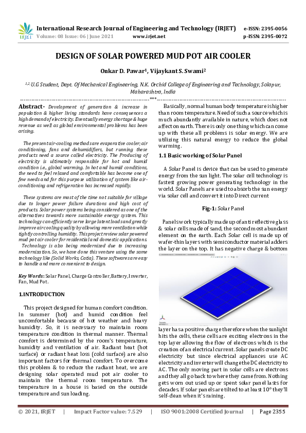 (PDF) IRJET- DESIGN OF SOLAR POWERED MUD POT AIR COOLER