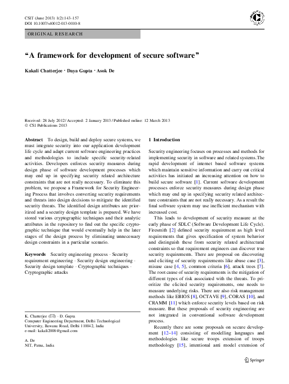 Pdf A Framework For Development Of Secure Software”