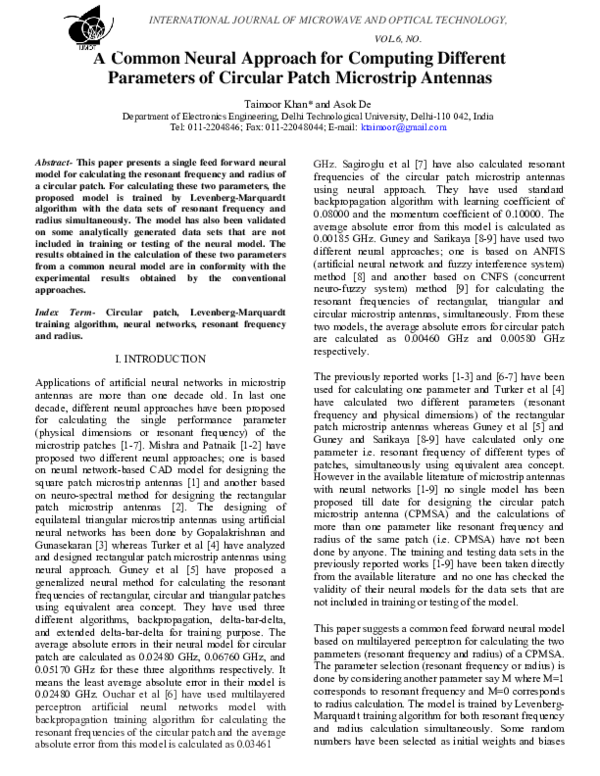 (PDF) A common neural approach for computing different parameters of circular patch microstrip ...