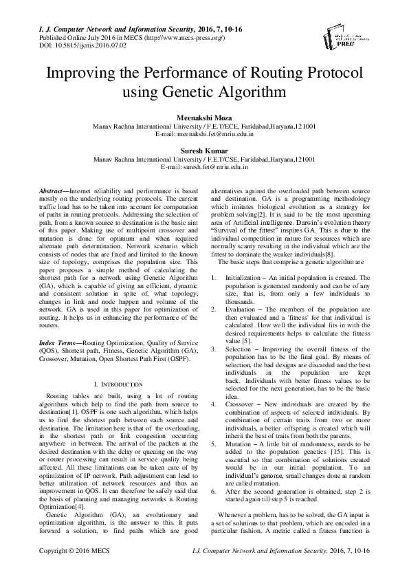 Pdf Improving The Performance Of Routing Protocol Using Genetic