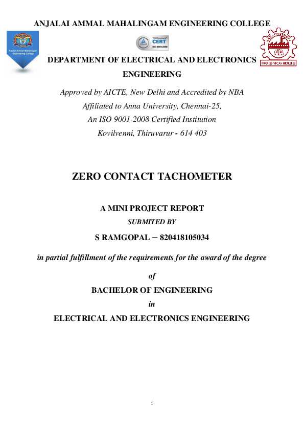 (PDF) ZERO CONTACT TACHOMETER A MINI PROJECT REPORT SUBMITED BY
