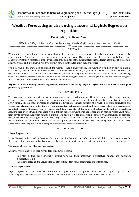 (PDF) IRJET- Weather Forecasting Analysis using Linear and Logistic ...