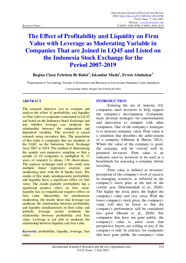 (PDF) The Effect of Profitability and Liquidity on Firm Value with Leverage as Moderating ...