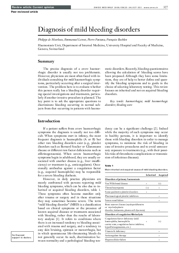 (PDF) Diagnosis of mild bleeding disorders | Philippe Moerloose ...